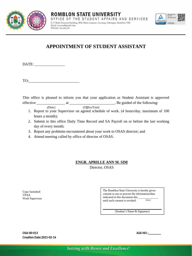 Student Assistant Appointment Notice | PDF