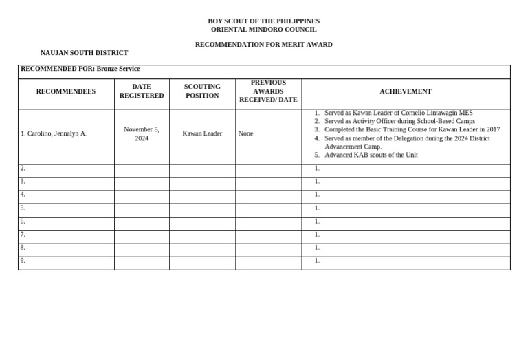 Merit Award Recommendation for Scouts | PDF