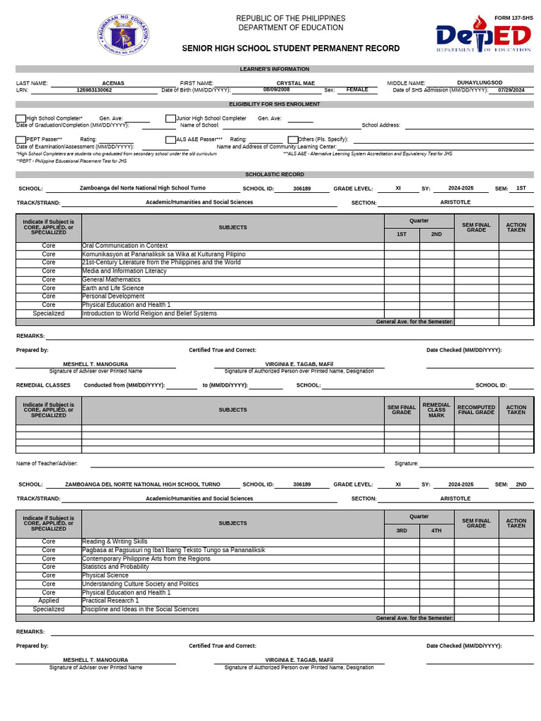 Form 137-Female | PDF | Middle Schools | Curriculum