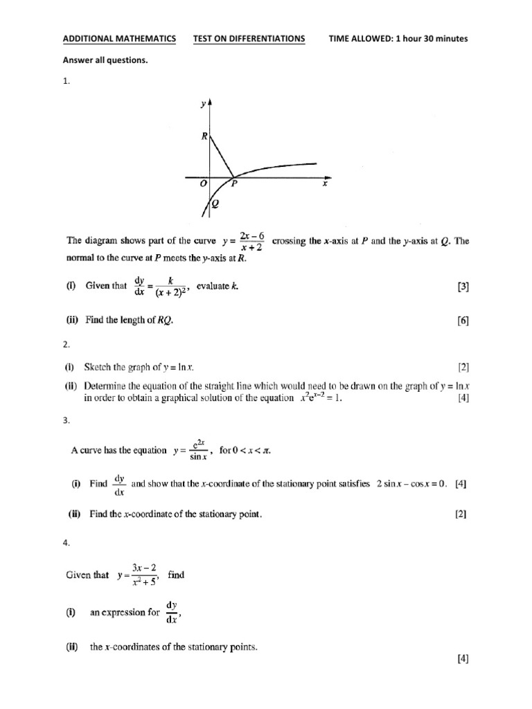 Additional Mathematics Differentiation Test | PDF