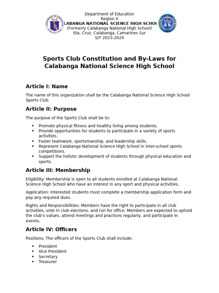CNSHS Sports Club Constitution & Bylaws | PDF | Sports | Government