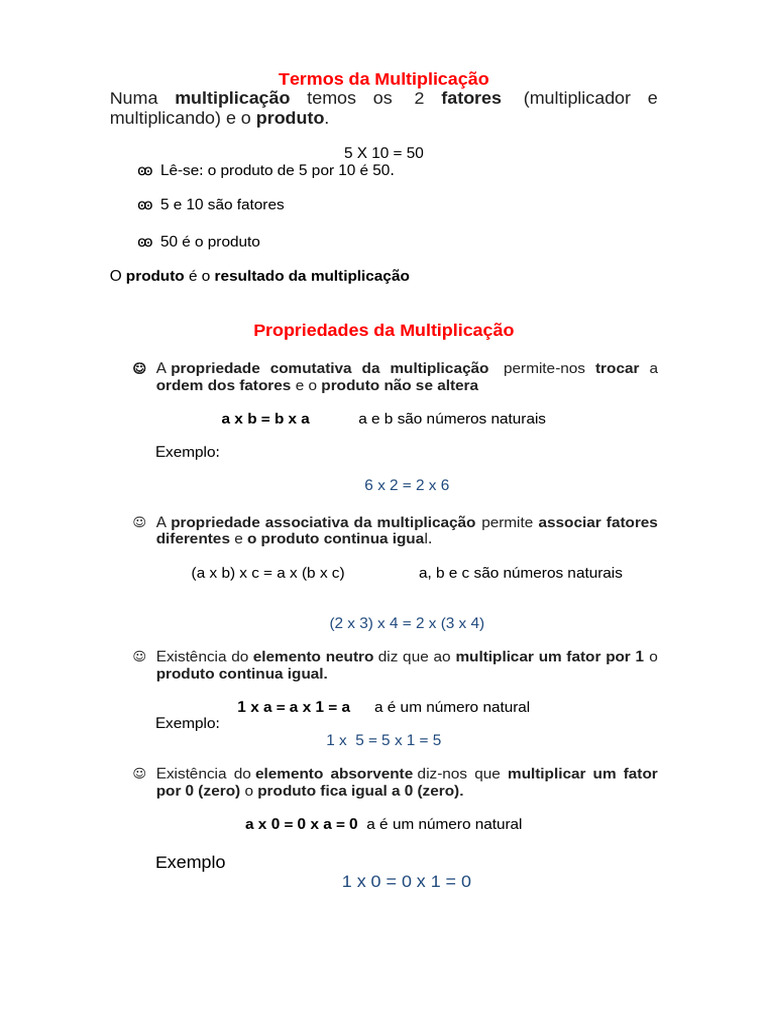 5º Resumo Numeros Naturais Propriedades Da Multiplicacao e Divisão | PDF | Divisão (Matemática ...