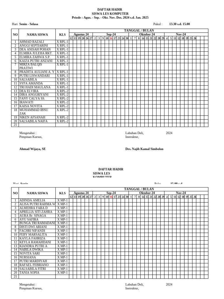 Absen Les Komp 2024 | PDF