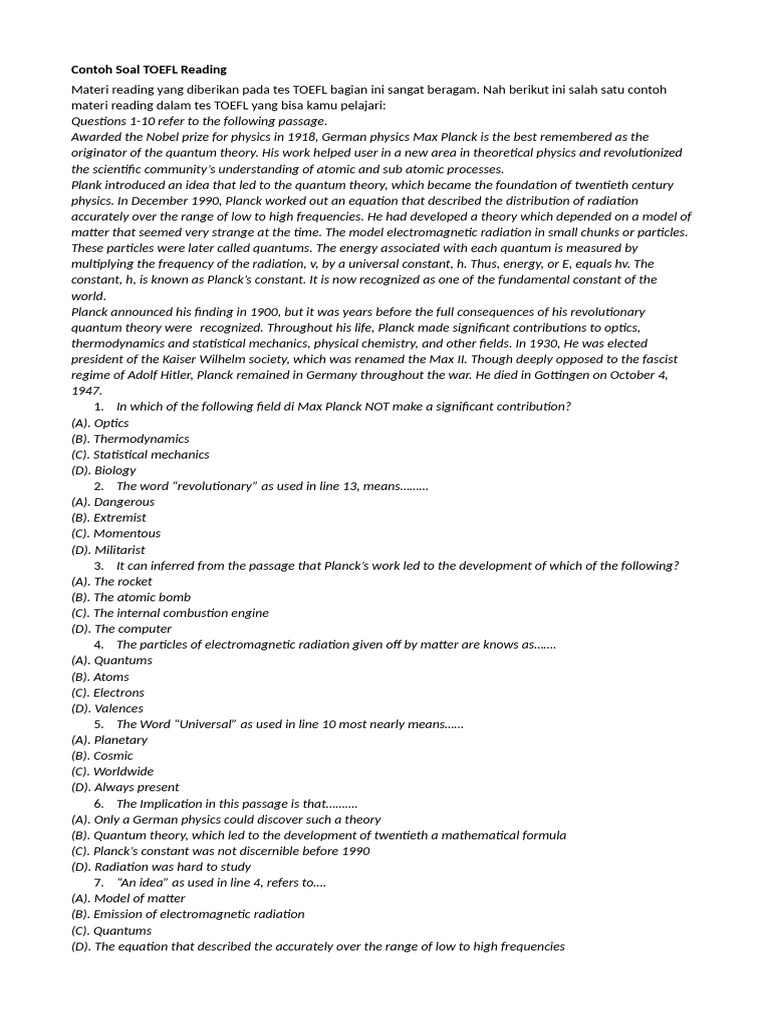 Contoh Soal TOEFL Reading | PDF | Physics | Vegetarianism
