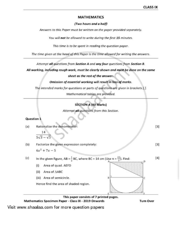 Maths Model Paper Class 9 | PDF