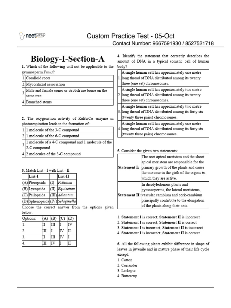 Custom Practice Test - 05-Oct | PDF | Mitosis | Cell Biology