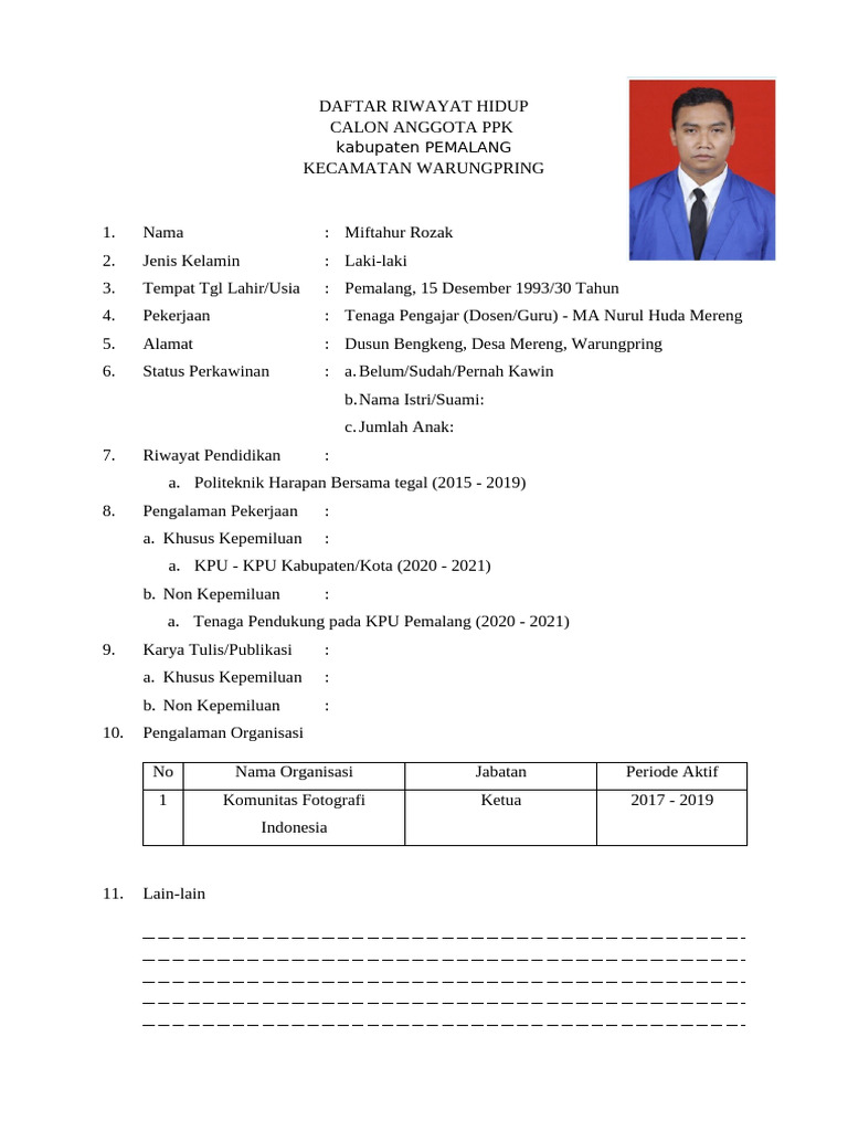 CV Miftahur Rozak Calon Anggota PPK | PDF