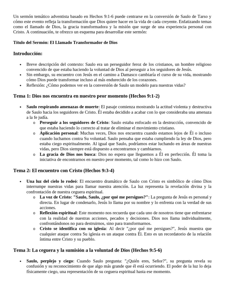 Un Sermón Temático Adventista Basado en Hechos 9 | PDF | Pablo el ...