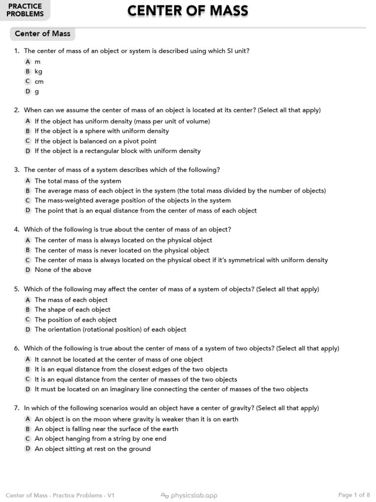 Center of Mass Practice Problems | PDF | Center Of Mass | Mass