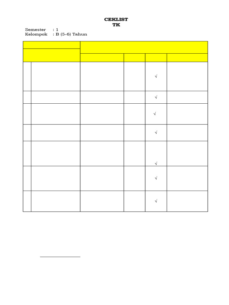 Ceklist Pengamatan TK Kelompok B | PDF