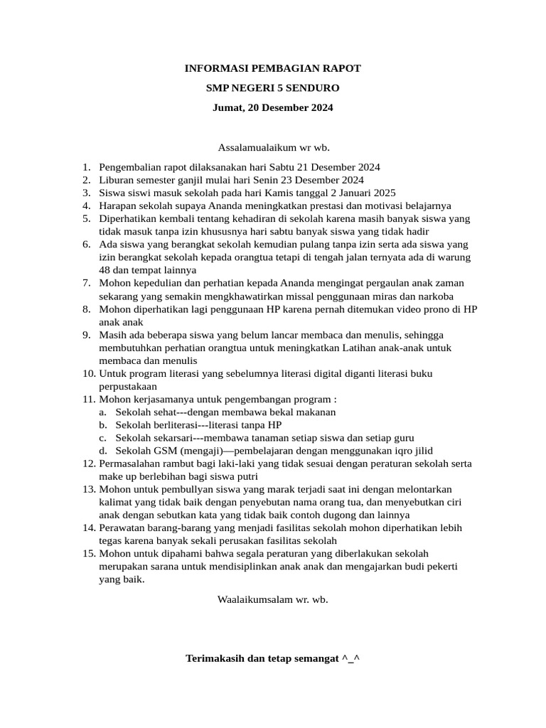 Informasi Pembagian Rapot 2025 | PDF