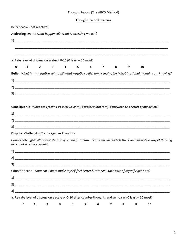 Thought Record Exercise | PDF | Psychology | Psychological Concepts