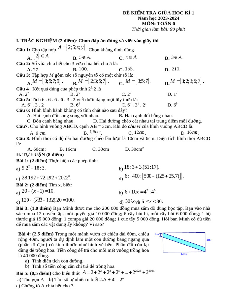 De kiem tra giua ky I Toan 6 | PDF