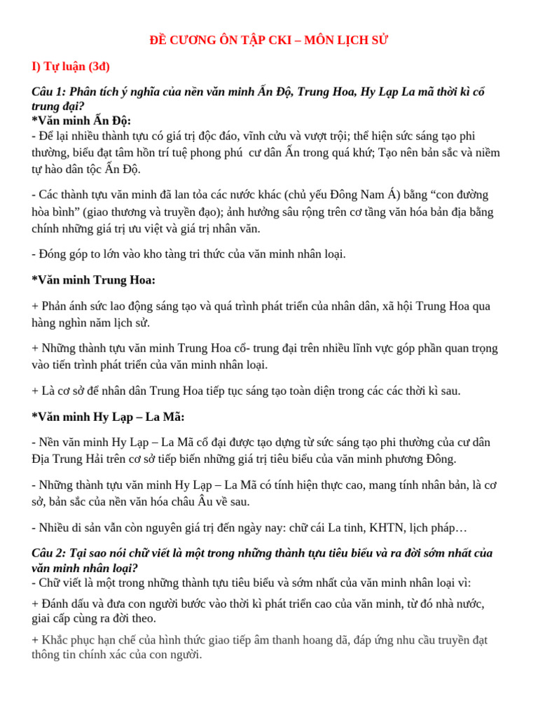 Đề cương Lịch Sử CKI | PDF