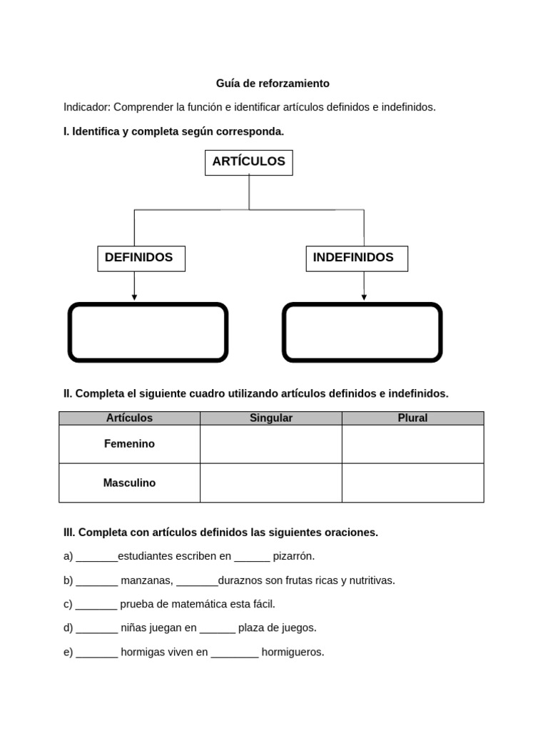 Guía N°3 Artículos Definidos e Indefinidos. | PDF