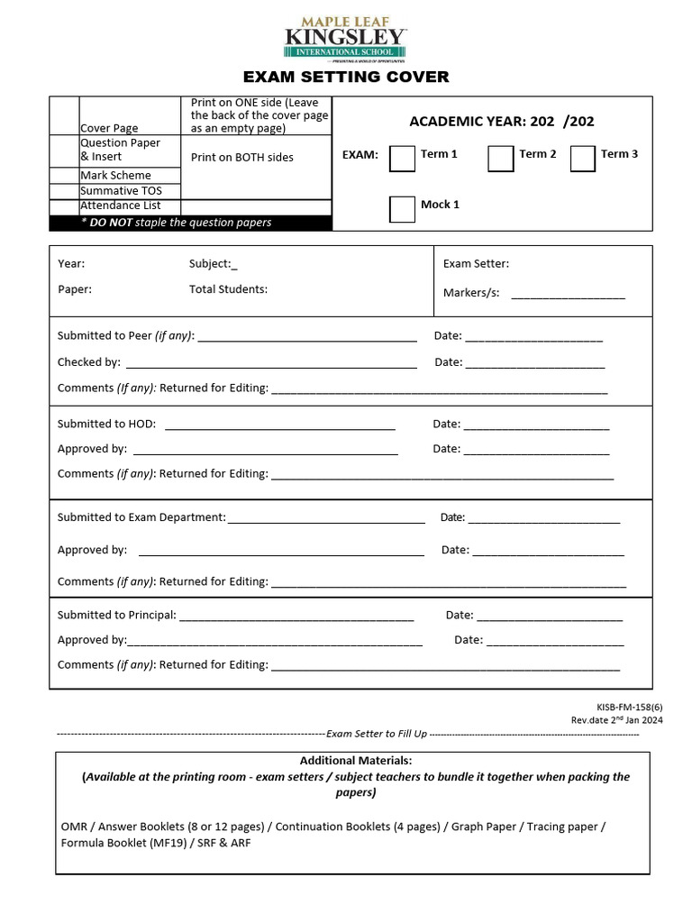 Exam Setting Cover Template 2024 | PDF