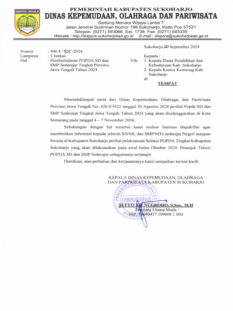 POPDA SD & SMP Sukoharjo 2024: Info Penting | PDF
