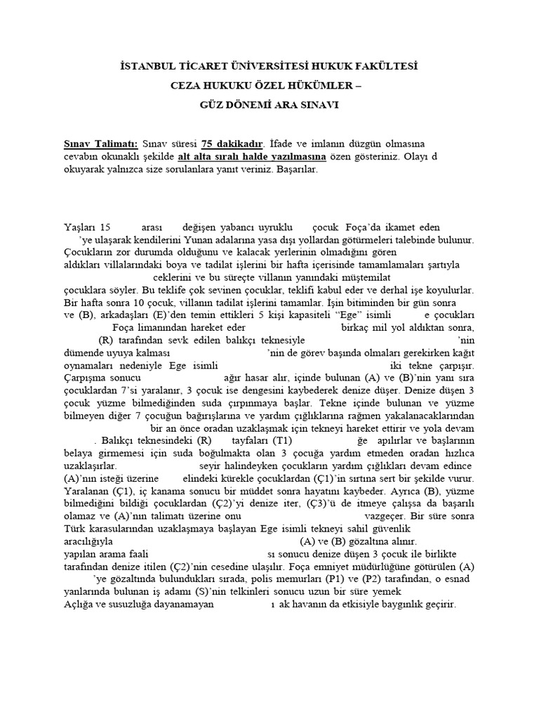 Ceza Hukuku I (Özel Hükümler) Vize Cevap Anahtarı | PDF