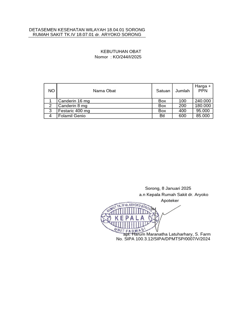 Surat Pemesanan 243 Obat Reguler PT. AAM | PDF