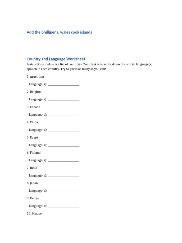 Country and Language Worksheet | PDF