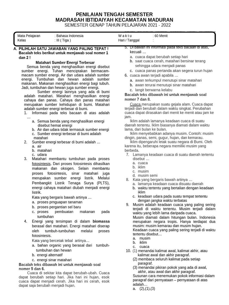 Lembar Soal PTS Genap B.indo Kelas 3 | PDF