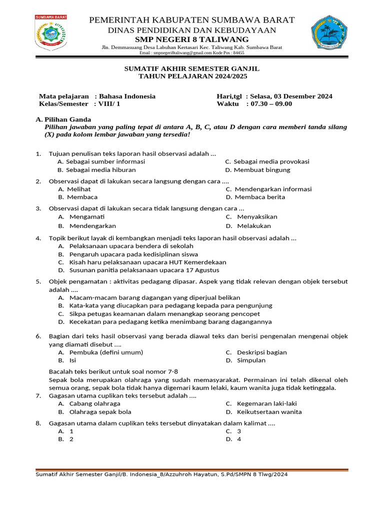 Bindo 8 - Sas Ganjil 2024 | PDF