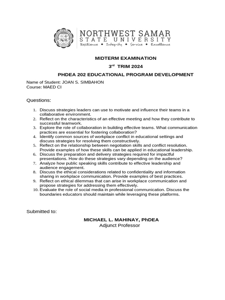 MAED-CI_AS_MIDTERM-EXAM (1) | PDF | Negotiation | Leadership