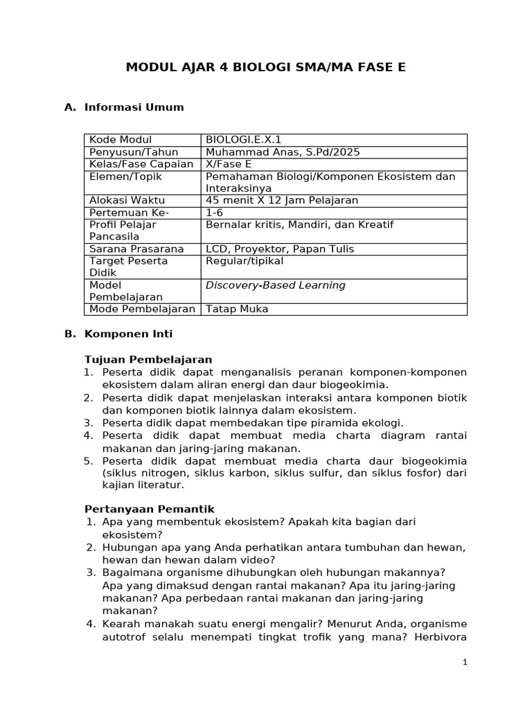 Modul Ajar Ipa Biologi Sma Kelas X Komponen Ekosistem | PDF