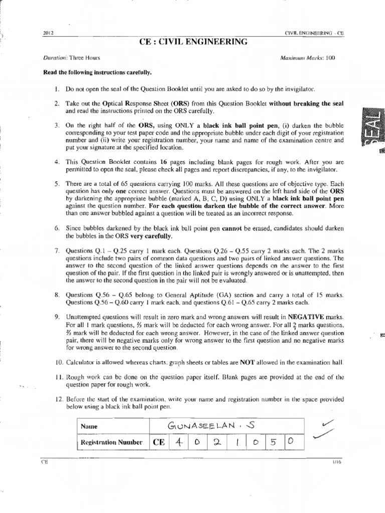 GATE 2012 CE Question Paper | PDF | Soil Mechanics | Stress (Mechanics)
