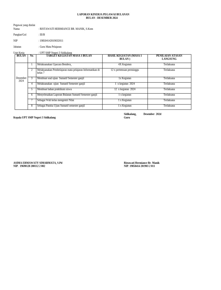 LAPORAN KINERJA PEGAWAI BULANAN TPP MK | PDF