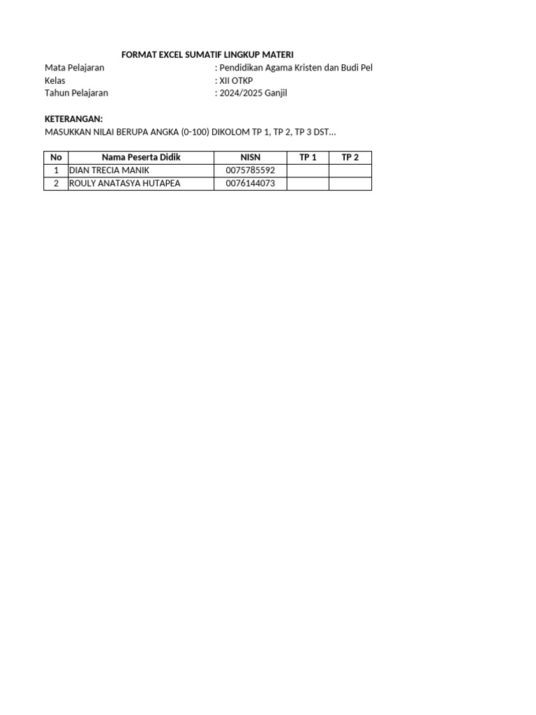 Excel Nilai PAK Kelas XII OTKP 2024/2025 | PDF