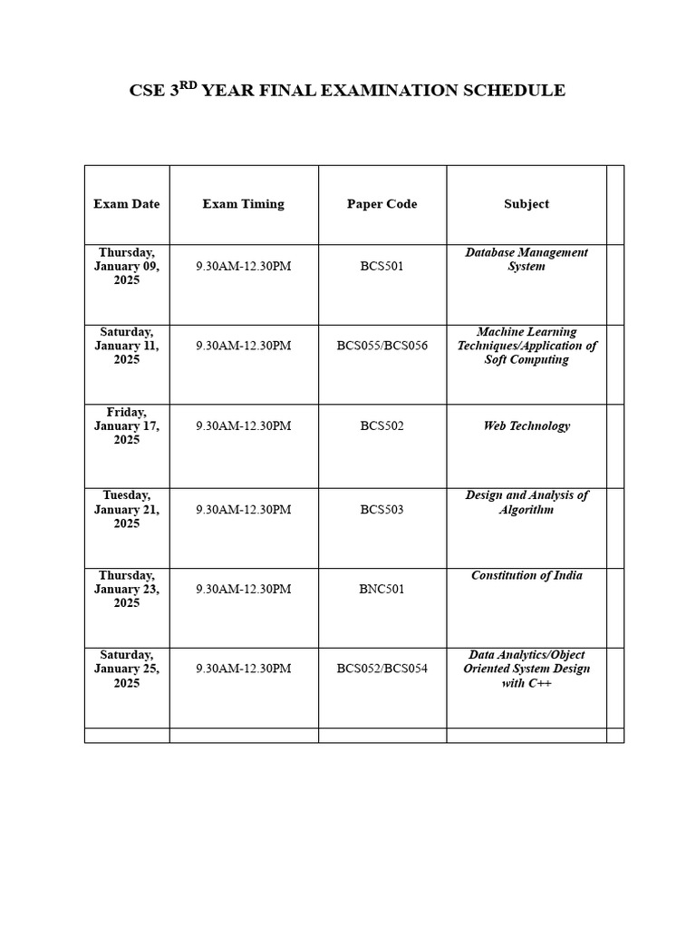 Cse 3RD Year Final Examination Schedule | PDF