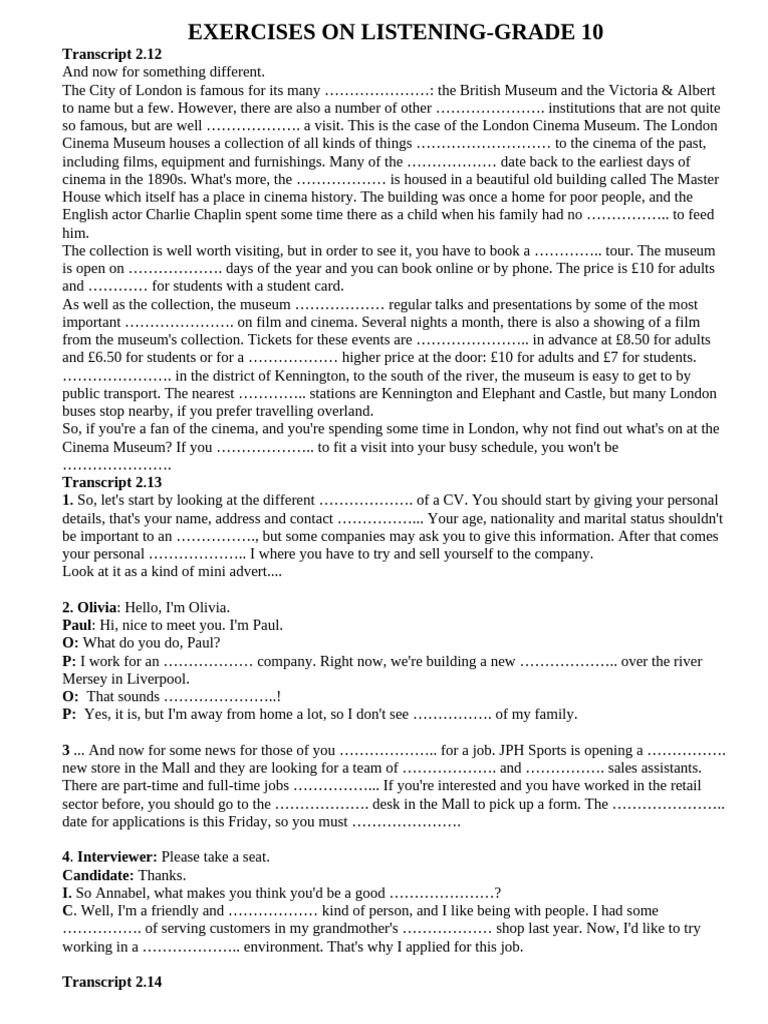 Grade 10 Listening Exercises Guide | PDF