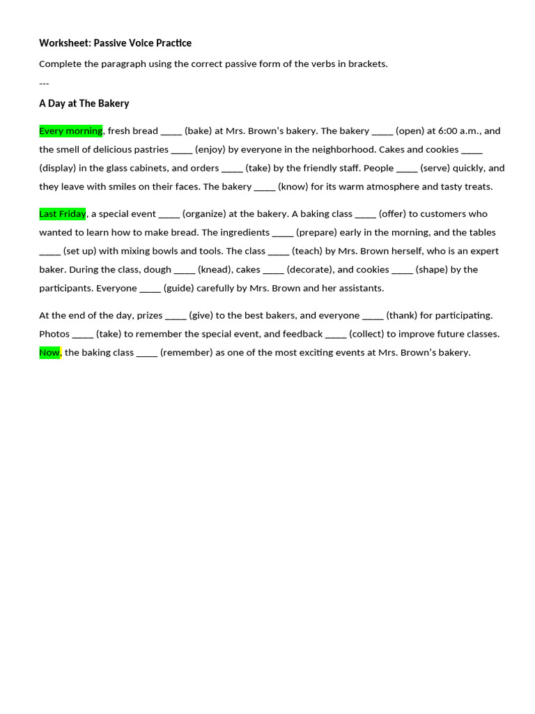 Passive Voice Story Worksheet | PDF | Bakery | Baking