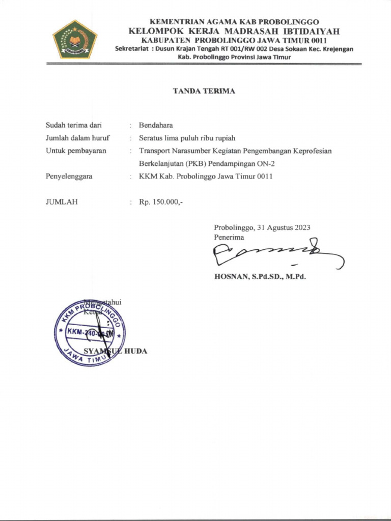 Tanda Terima Transport Narasumber - Hosnan - 31 Agts | PDF