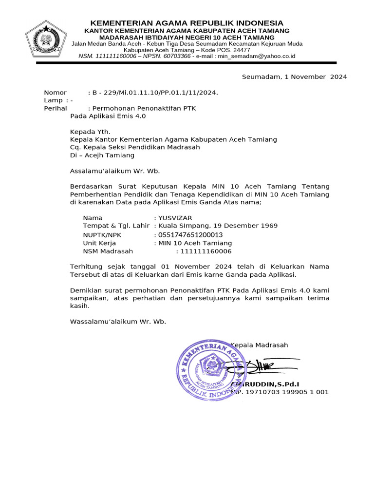 Surat Penonaktifan PTK Di Emis 2024 | PDF
