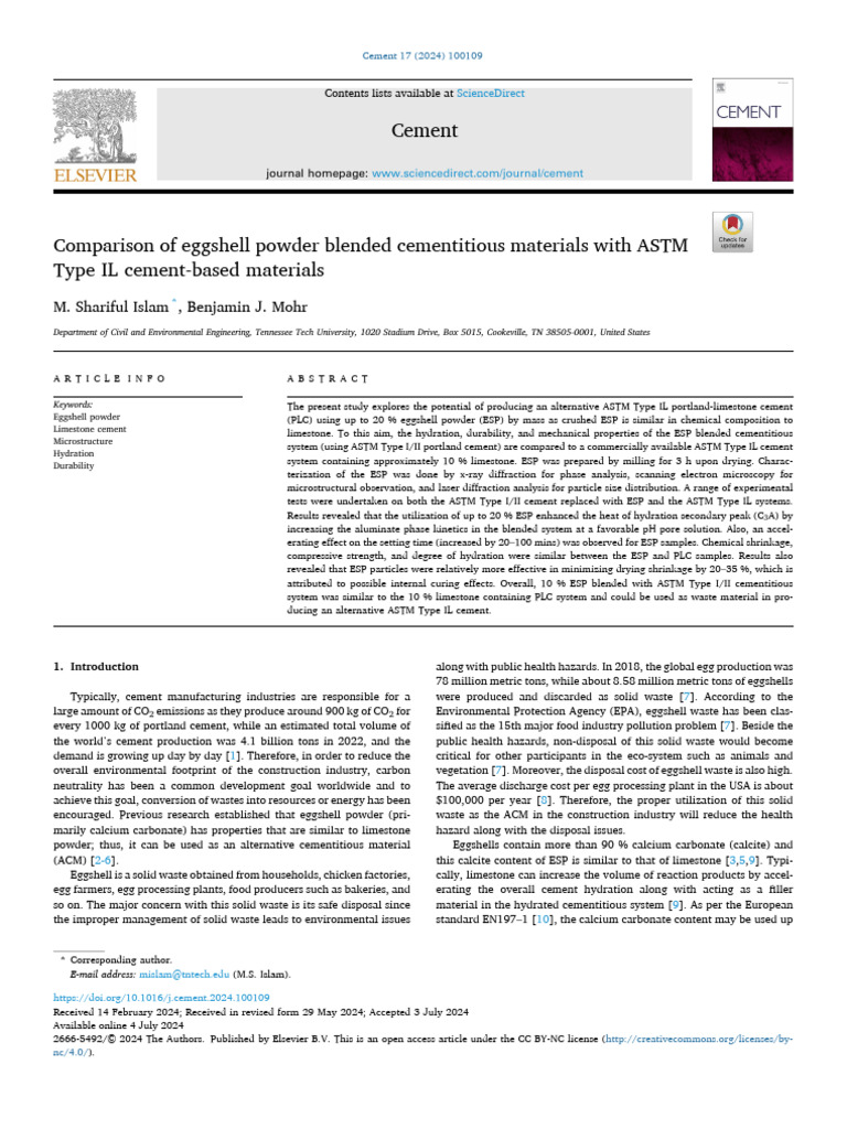 Comparison of Eggshell Powder Blended Cementitious Materials With ASTM Type IL Cement-Based ...