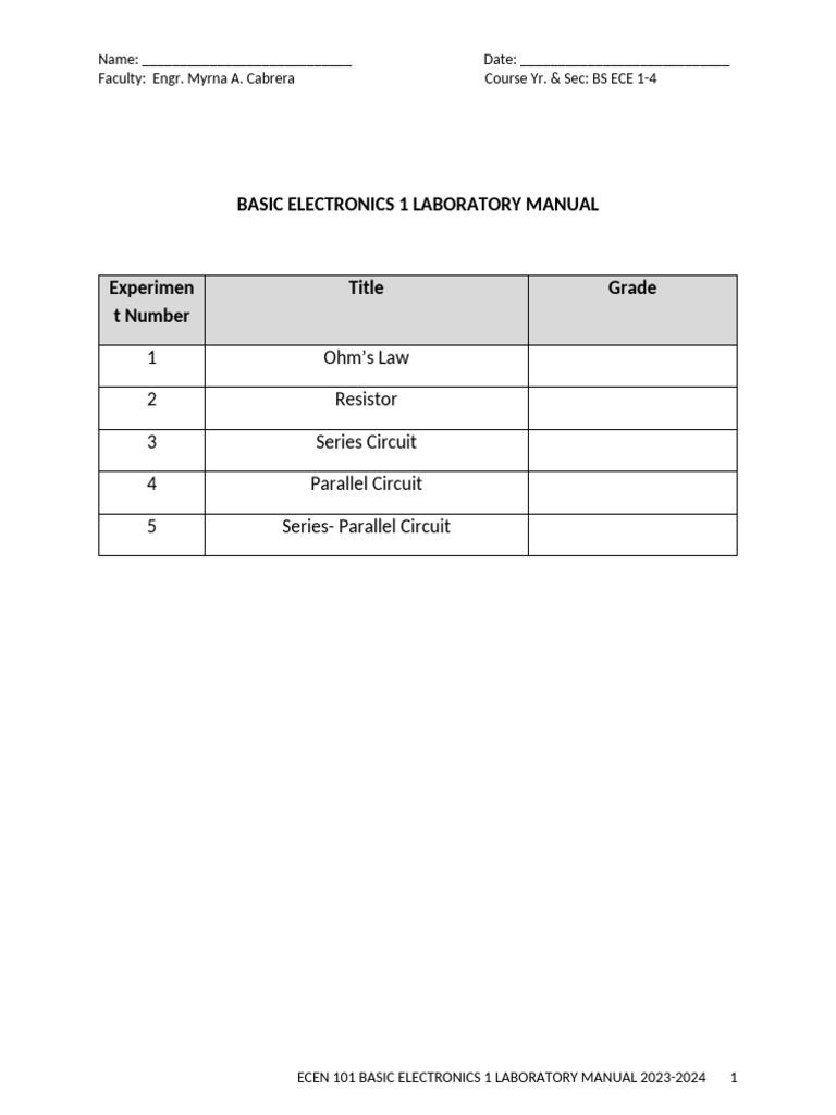 Basic Electronics Lab Manual 2023-2024 | PDF | Resistor | Electrical Resistance And Conductance