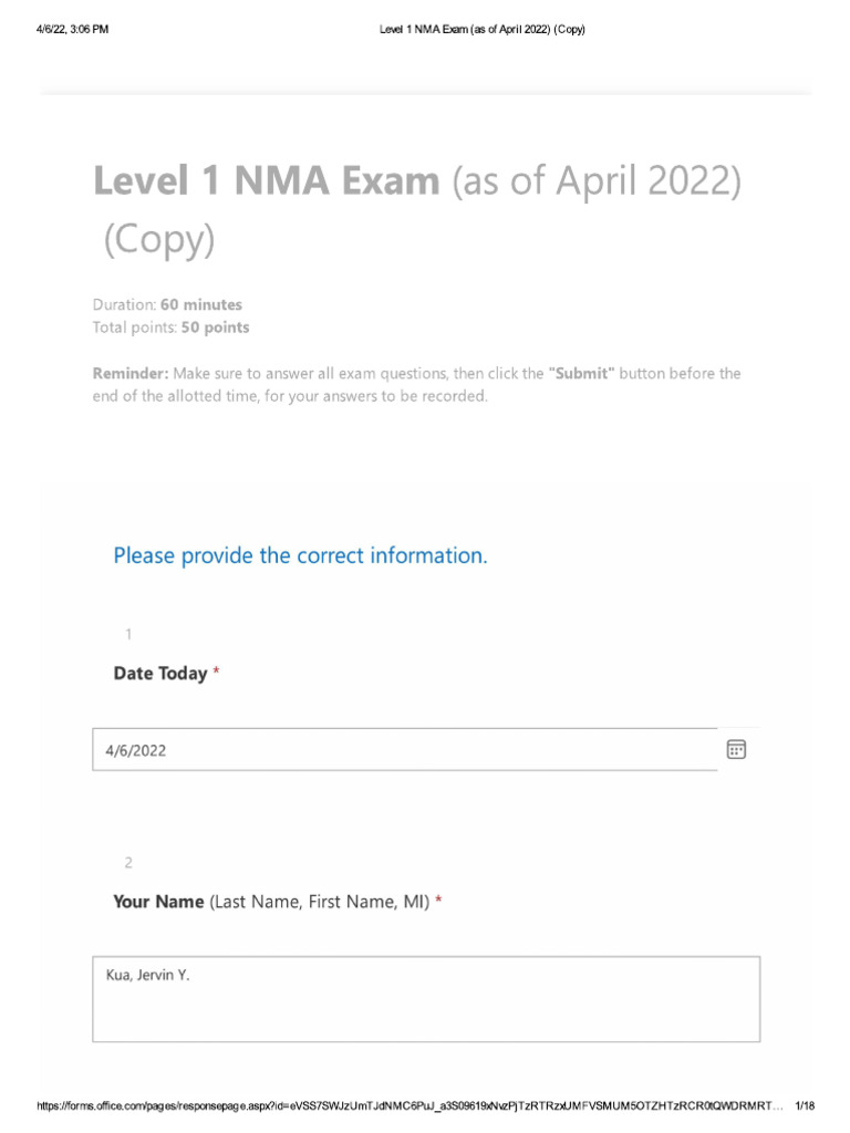 Inlife Exam NMA Level 1 | PDF
