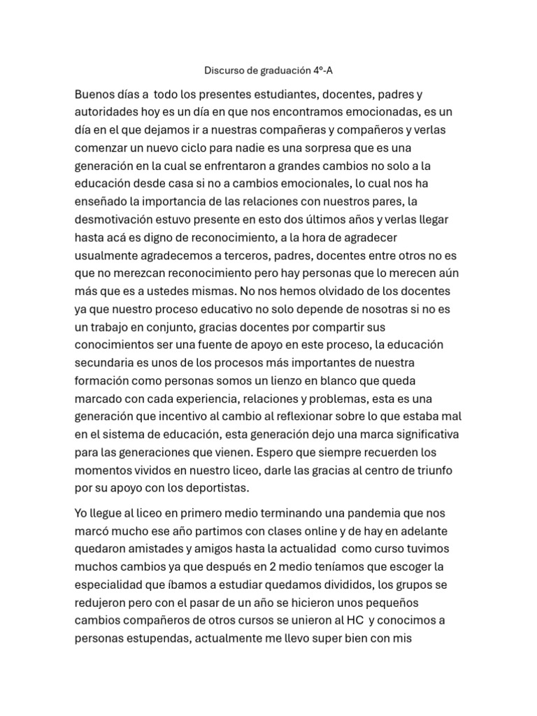 Discurso de Graduación 4 - A | PDF | Enseñando