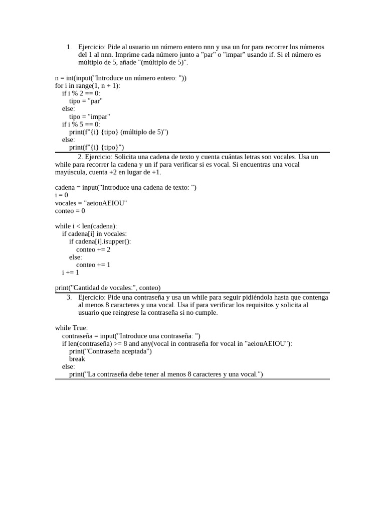 Ejercicios de programación con bucles y condiciones | PDF | Flujo de control | Python (lenguaje ...