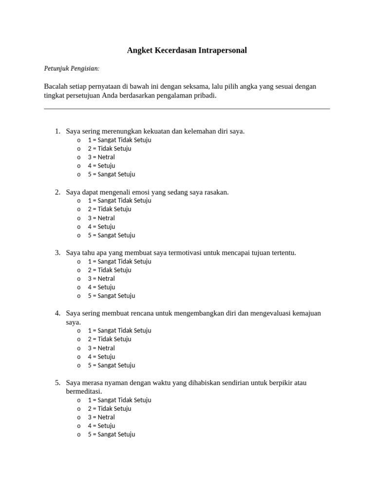 Angket Kecerdasan Intrapersonal | PDF