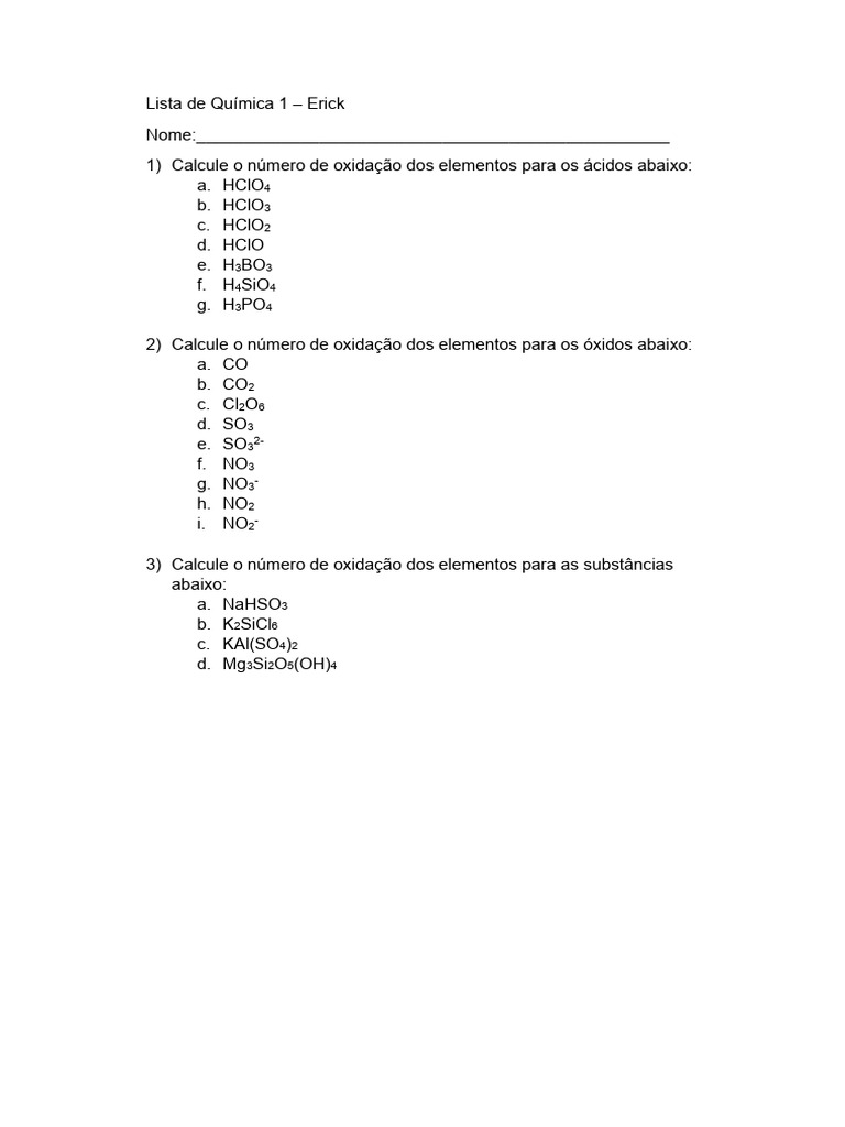 Lista NOx - Química 1-1 | PDF