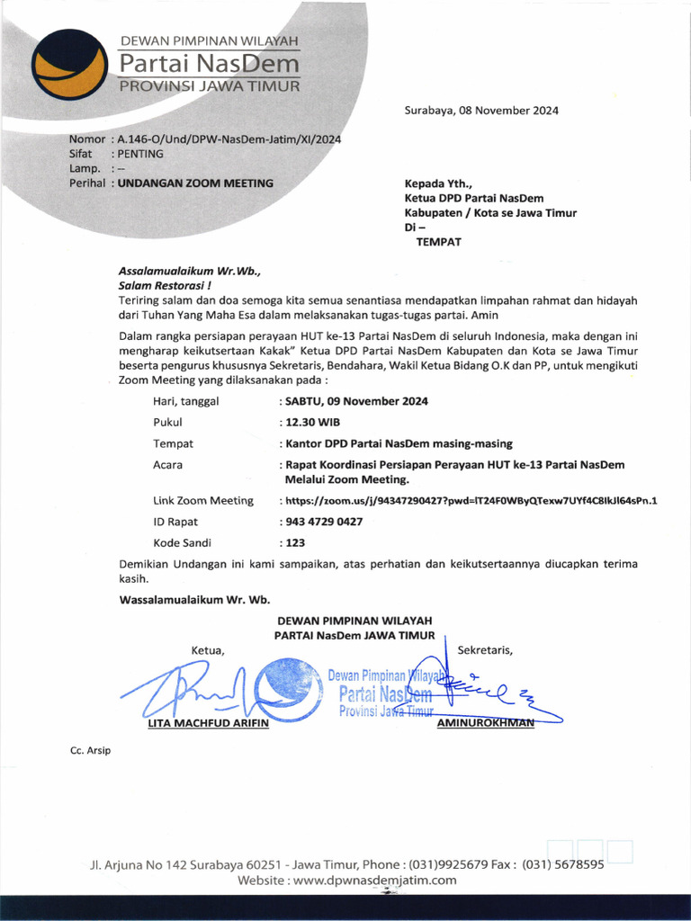 A.146 UNDANGAN RAPAT ZOOM MEETING KETUA DPD PARTAI NasDem SE JAWA TIMUR ...