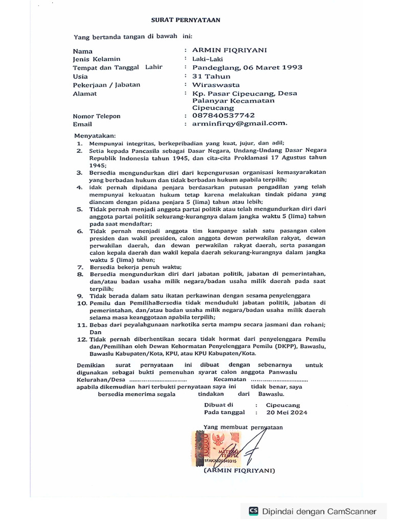 Surat Pernyataan Panwas | PDF