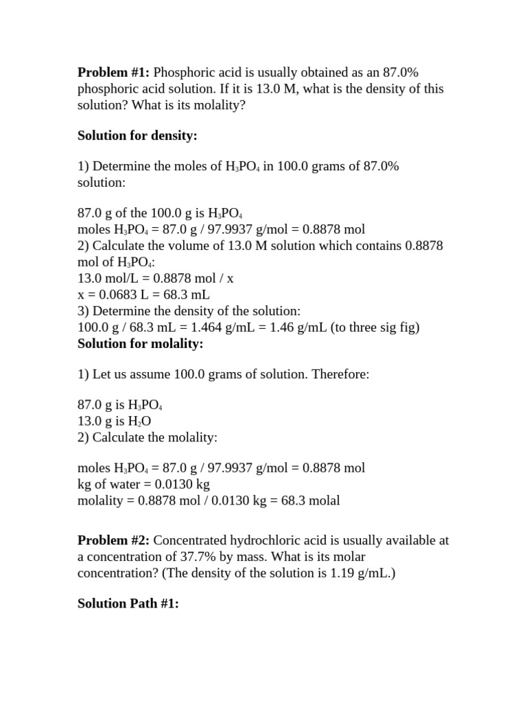 Density, - Concentration, Molarity, Molality | PDF | Mole (Unit) | Molar Concentration