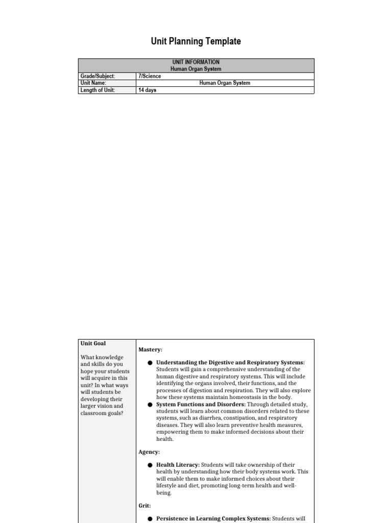 Zeeshan Haider - 7th Science - Unit 1 Plan - Updated After Feedback | PDF | Digestion | Human ...