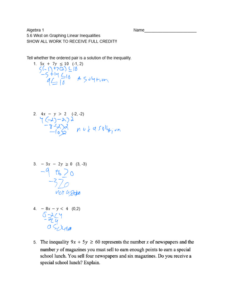 Graphing Linear Inequalities Worksheet | PDF