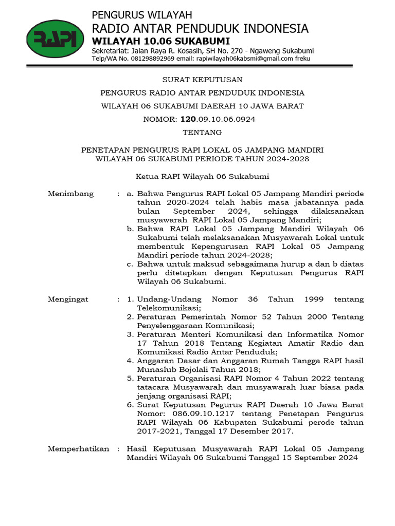 SK Rapi Lokal 05 Jampang Mandiri Periode 2024-2028 | PDF
