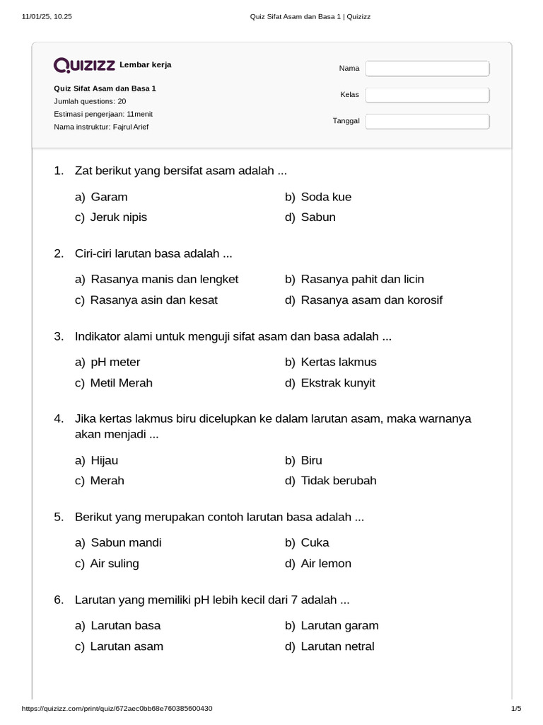 Kunci_Quiz Sifat Asam dan Basa 1 _ Quizizz | PDF
